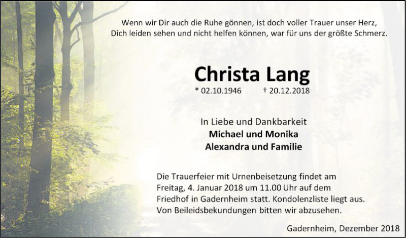 Traueranzeigen von Christa Lang | Trauerportal Ihrer Tageszeitung