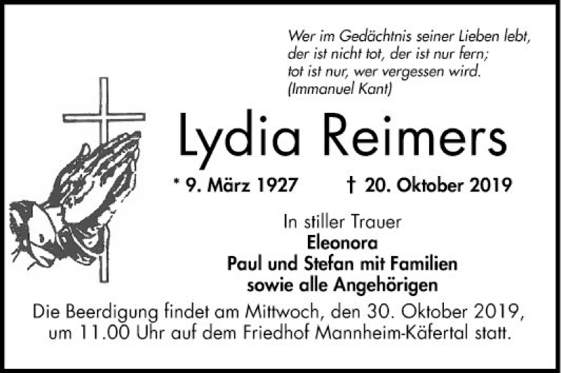 Traueranzeigen von Lydia Reimers | Trauerportal Ihrer Tageszeitung