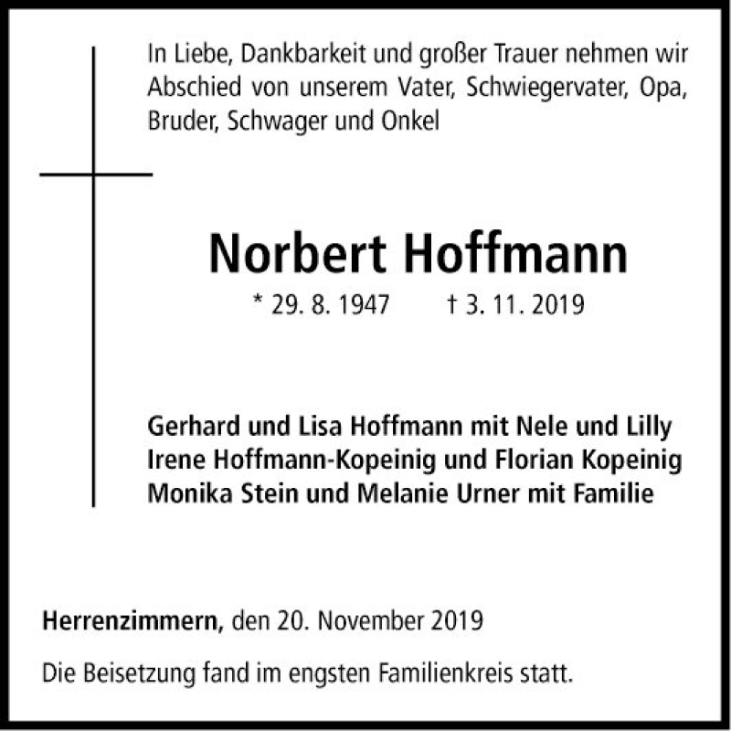 Traueranzeigen von Norbert Hoffmann | Trauerportal Ihrer Tageszeitung