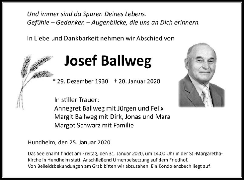 Traueranzeigen von Josef Ballweg | Trauerportal Ihrer Tageszeitung