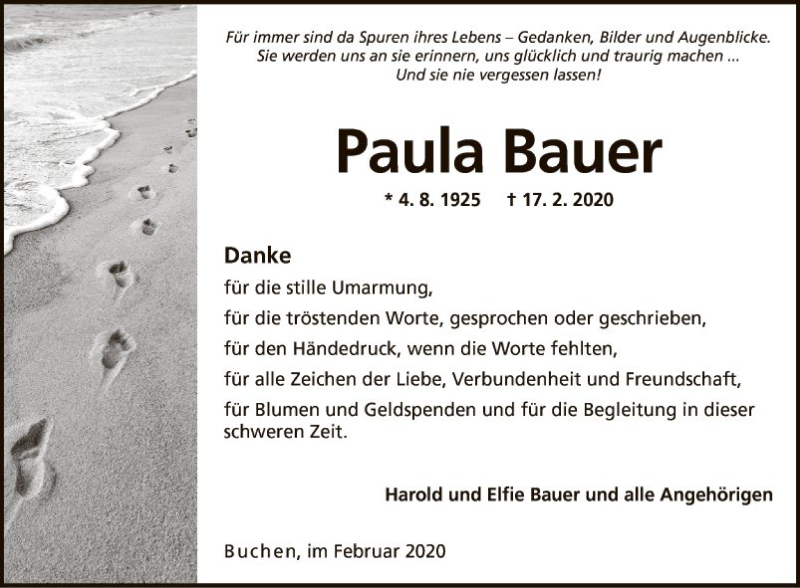 Traueranzeigen von Paula Bauer | Trauerportal Ihrer Tageszeitung