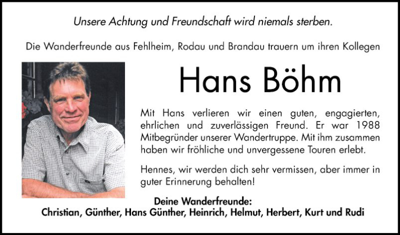 Traueranzeigen von Hans Böhm | Trauerportal Ihrer Tageszeitung