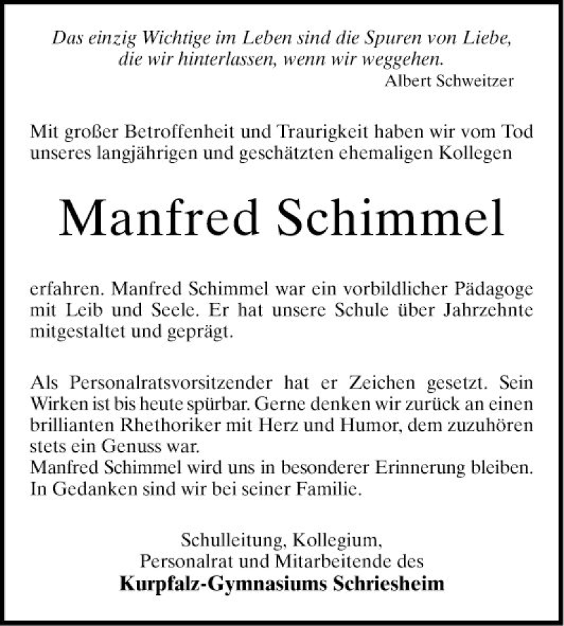 Traueranzeigen von Manfred Schimmel | Trauerportal Ihrer Tageszeitung