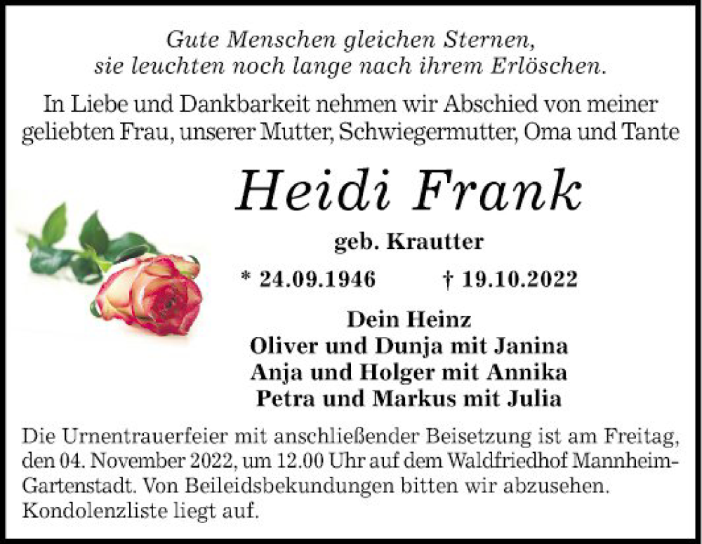 Traueranzeigen von Heidi Frank | Trauerportal Ihrer Tageszeitung