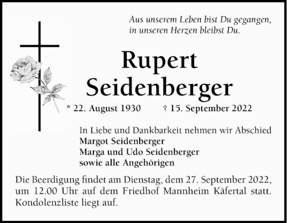 Traueranzeigen von Rupert Seidenberger | Trauerportal Ihrer Tageszeitung