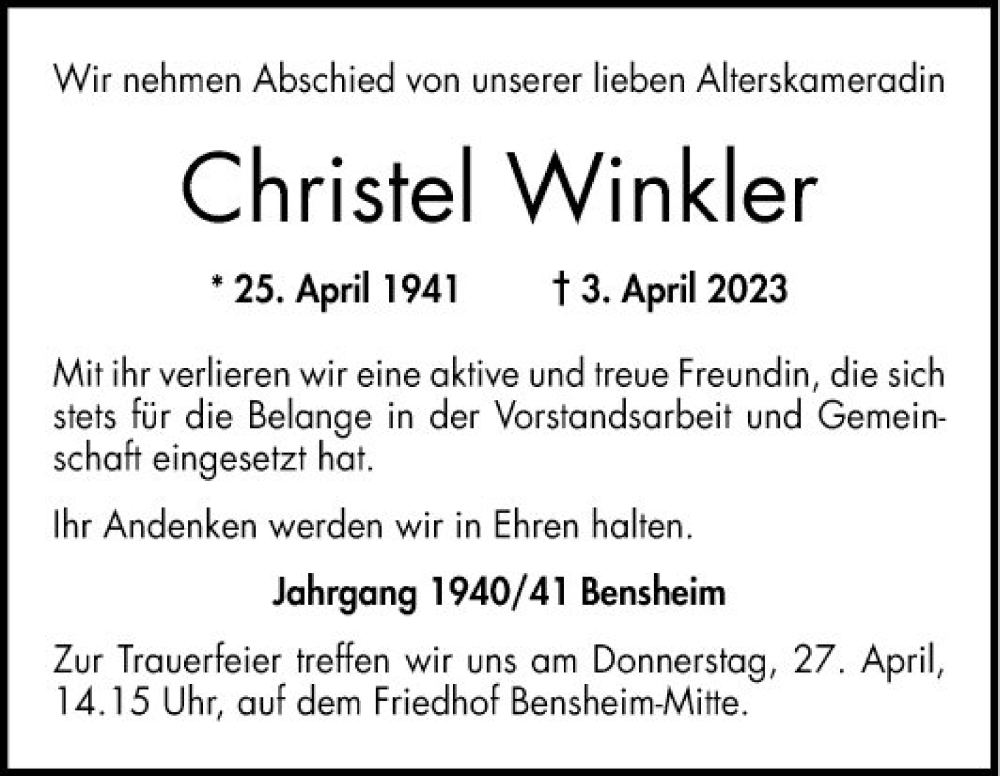 Traueranzeigen von Christel Winkler | Trauerportal Ihrer Tageszeitung