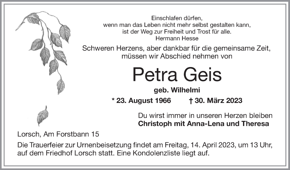Traueranzeigen von Petra Geis | Trauerportal Ihrer Tageszeitung