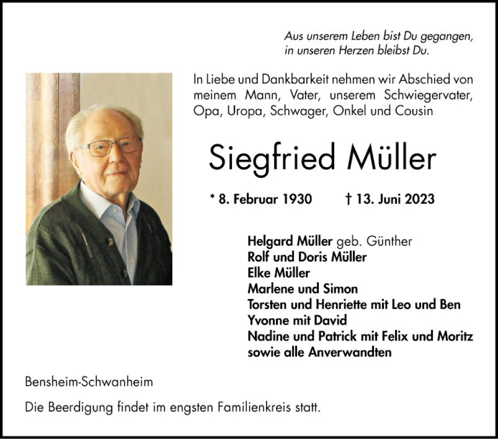 Traueranzeigen von Siegfried Müller | Trauerportal Ihrer Tageszeitung