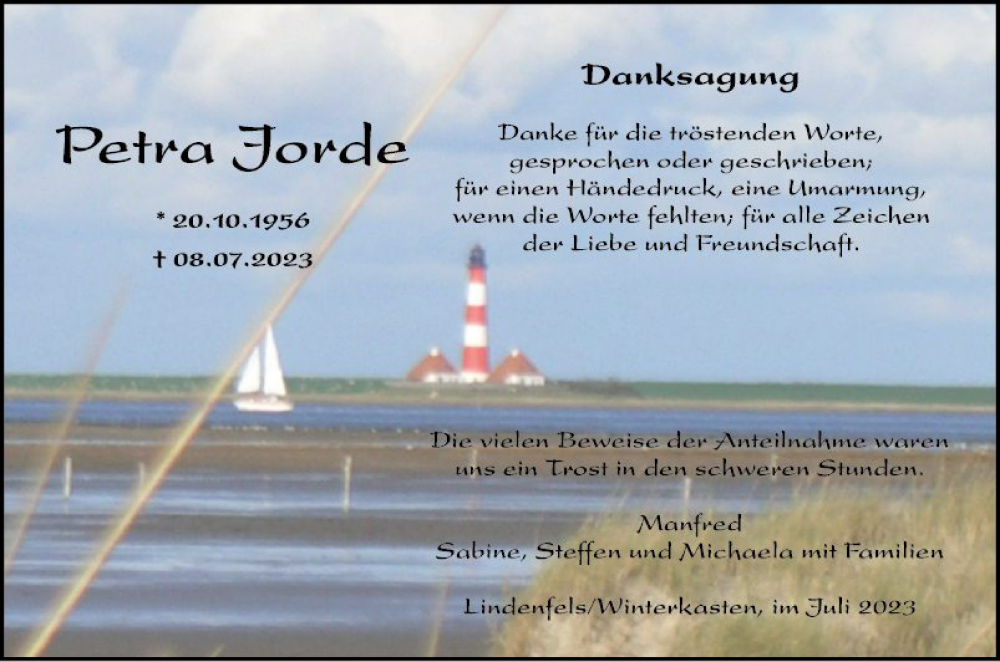 Traueranzeigen von Petra Jorde | Trauerportal Ihrer Tageszeitung