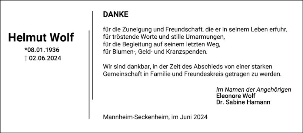Traueranzeigen von Helmut Wolf | Trauerportal Ihrer Tageszeitung