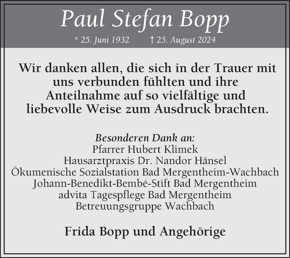 Traueranzeigen von Paul Stefan Bopp | Trauerportal Ihrer Tageszeitung