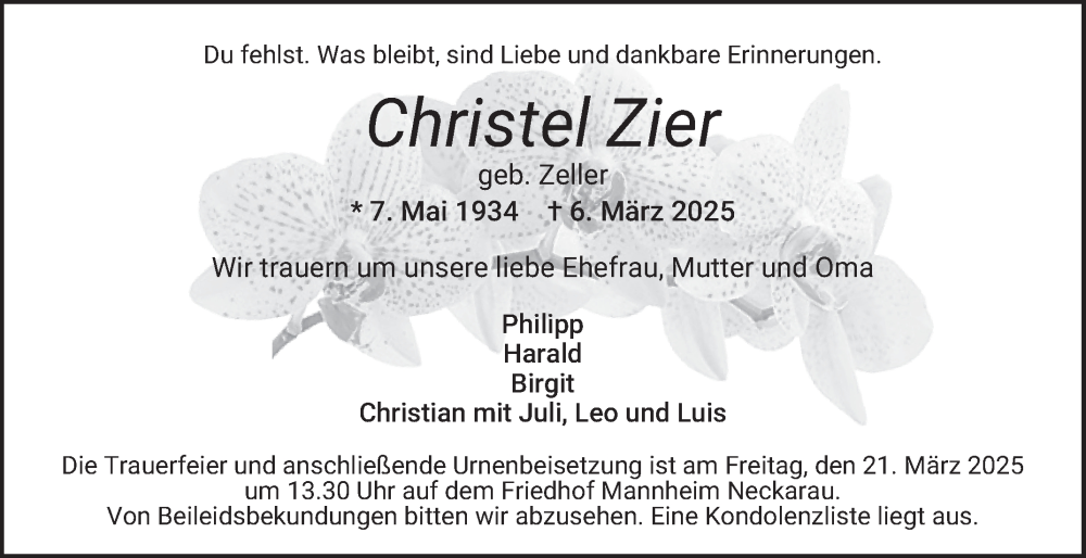Traueranzeigen von Christel Zier | Trauerportal Ihrer Tageszeitung